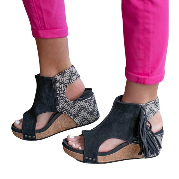 Very G | Shoes | Very G Tramonte Wedge Fringe Bootie Open Toe Black ...